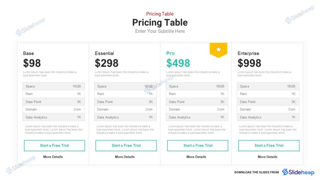Pricing Table Template for Google Slides and PowerPoint | Slideheap